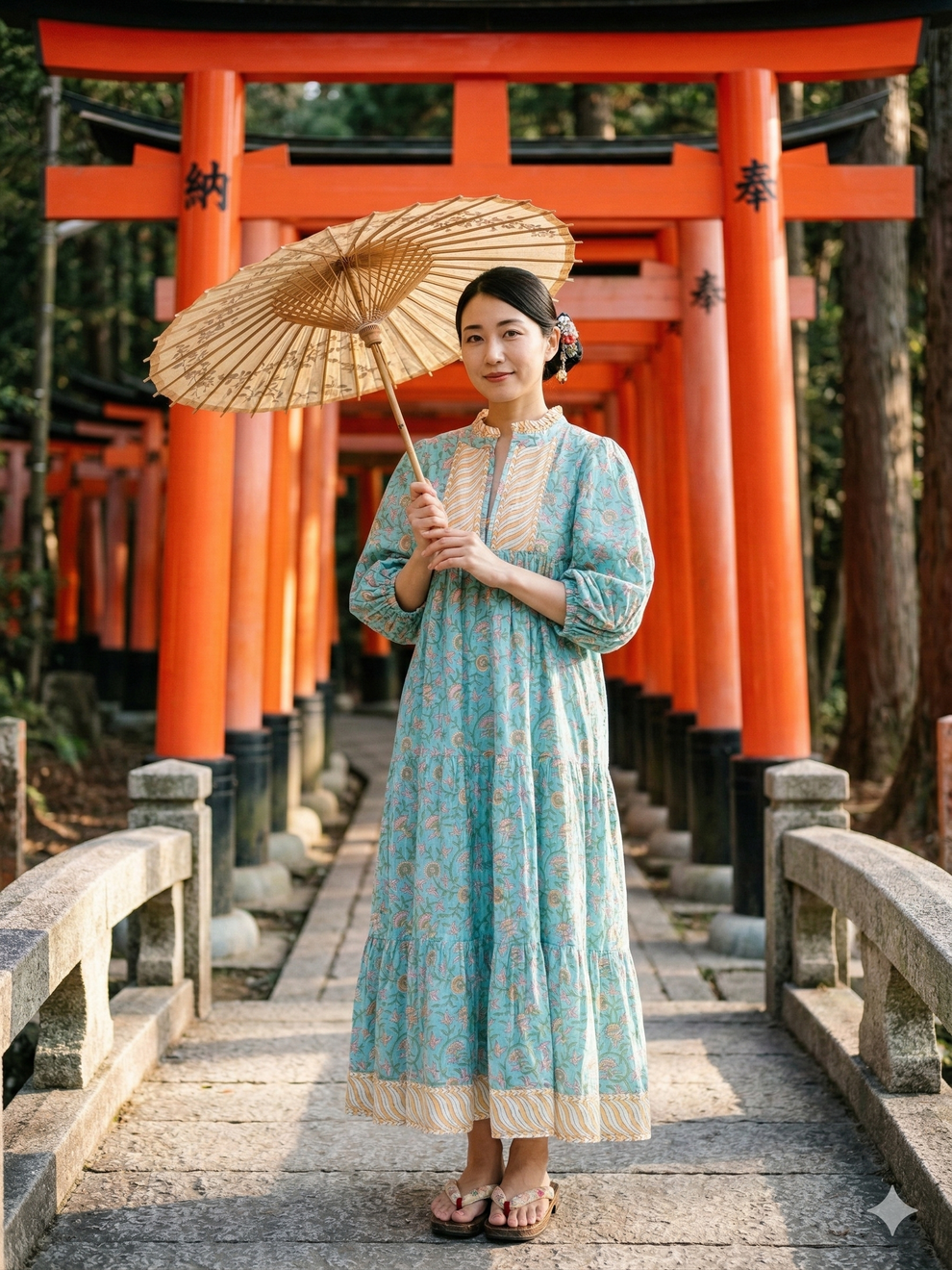 Turquoise Floral Hand Block Print Cotton Maxi Dress – Boho Puff Sleeve ...