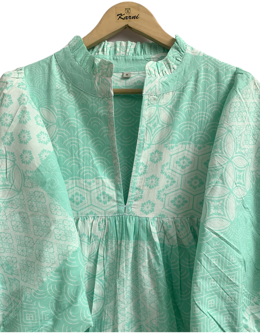Mint Green Geometric Screen Printed Cotton Dress – Puff Sleeve Boho Ti ...